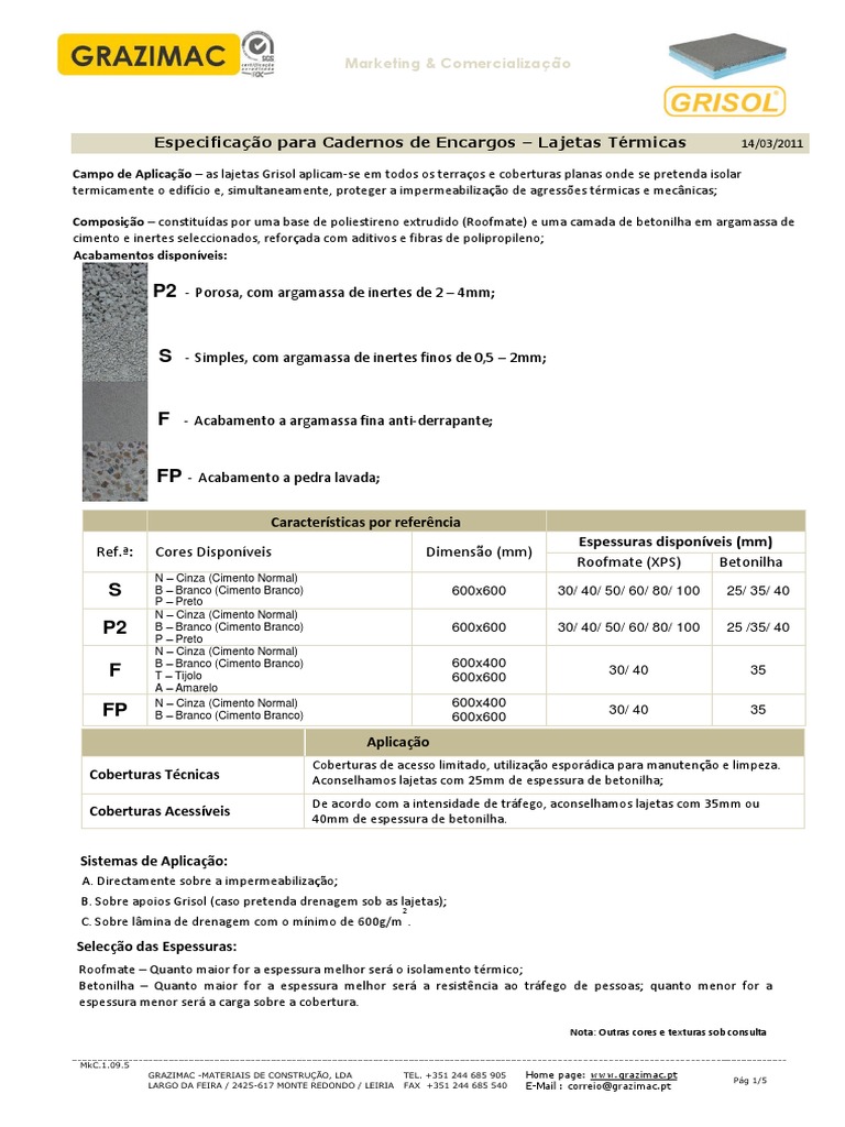 Especificações de Lajetas Térmicas Grisol | PDF | Isolamento térmico ...