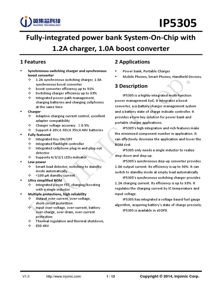 IP5305 Datasheet v1.0 - en | PDF | Battery Charger | Battery (Electricity)