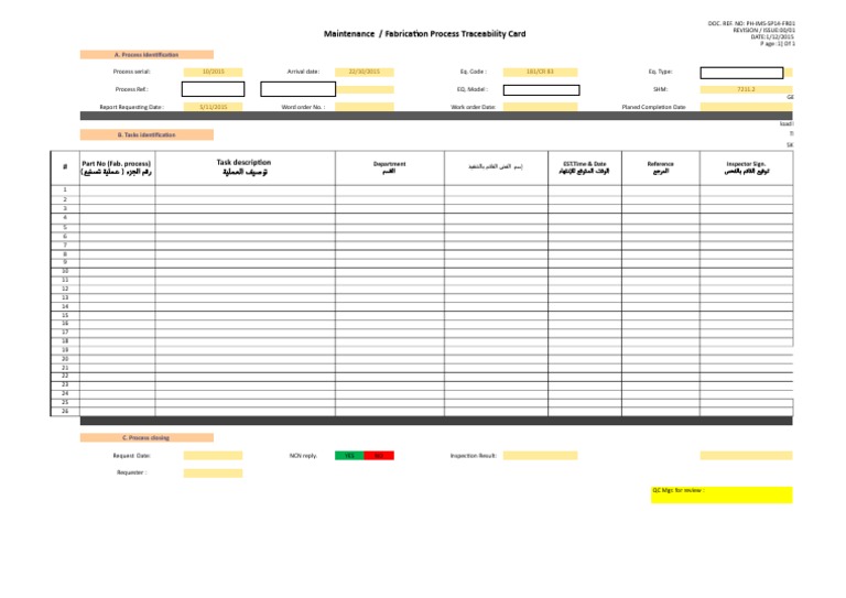 Maintenance / Fabrication Process Traceability Card: # Task description ...