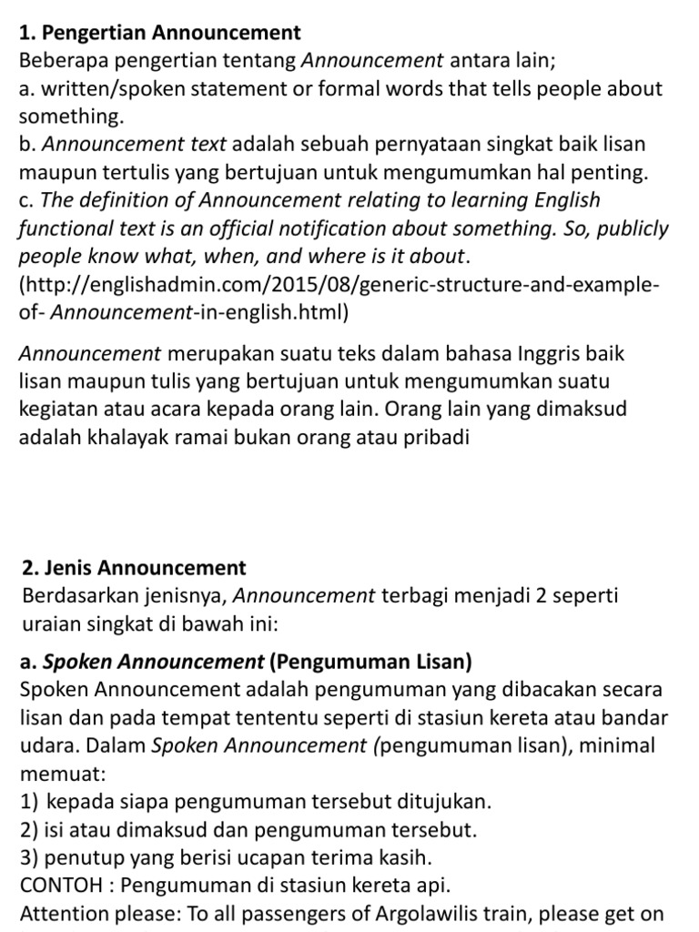 Contoh Kalimat Announcement Singkat