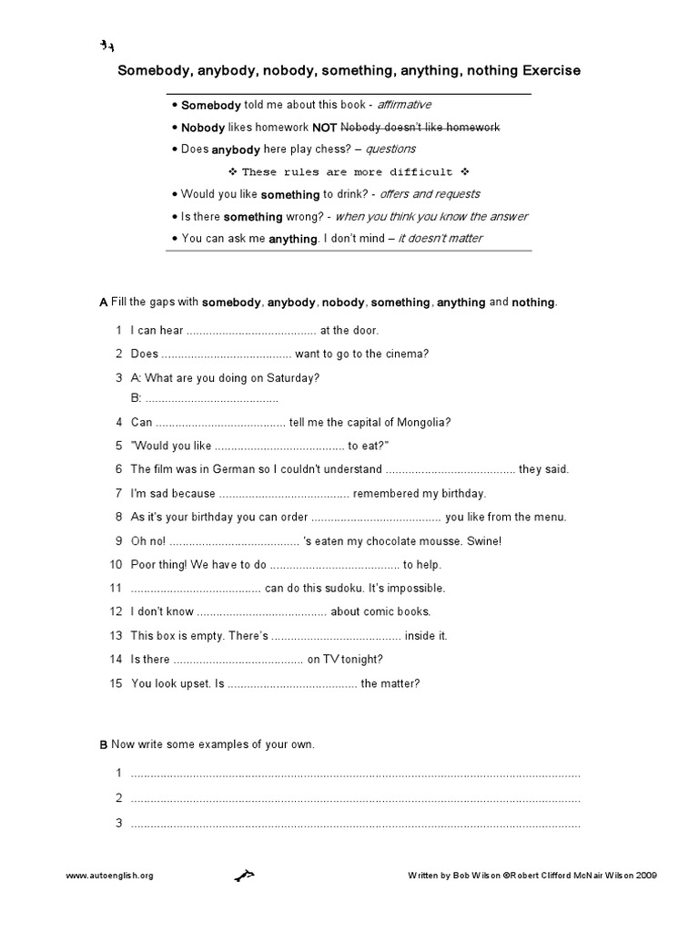 Somebody, Anybody, Nobody, Something, Anything, Nothing Exercise | PDF