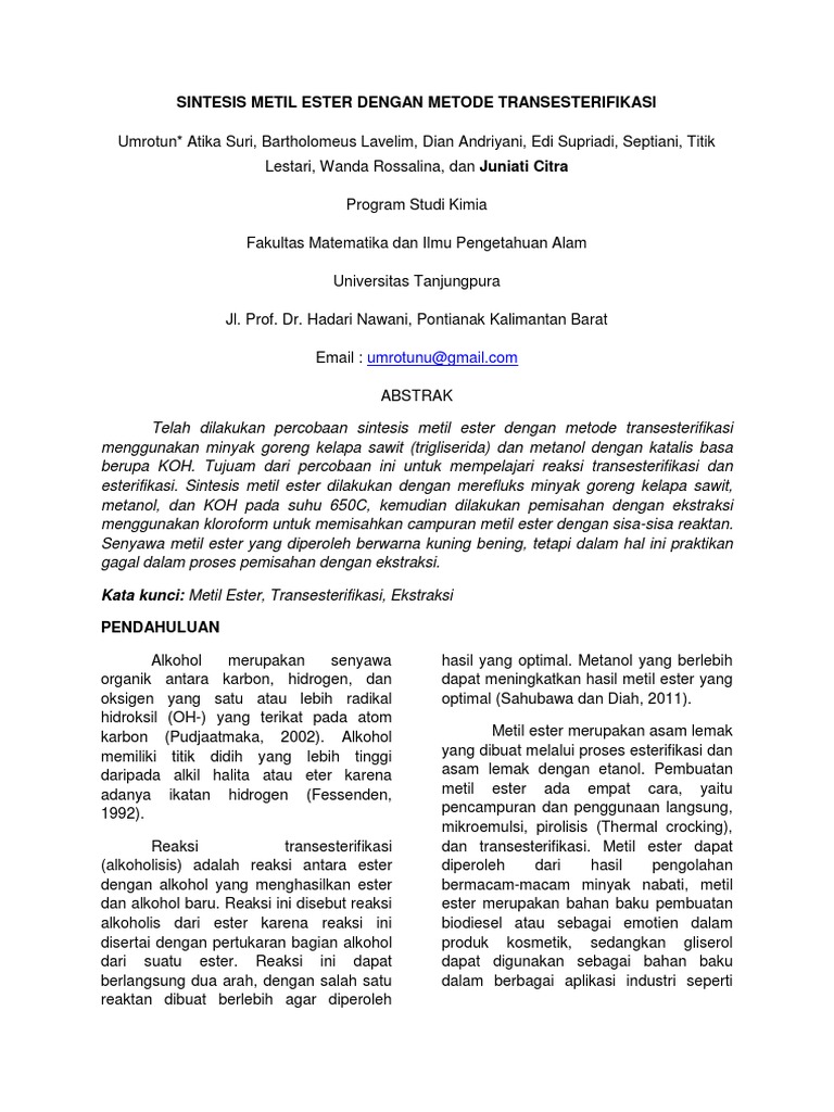 Sintesis Metil Ester Dengan Metode Transesterifikasi Pdf