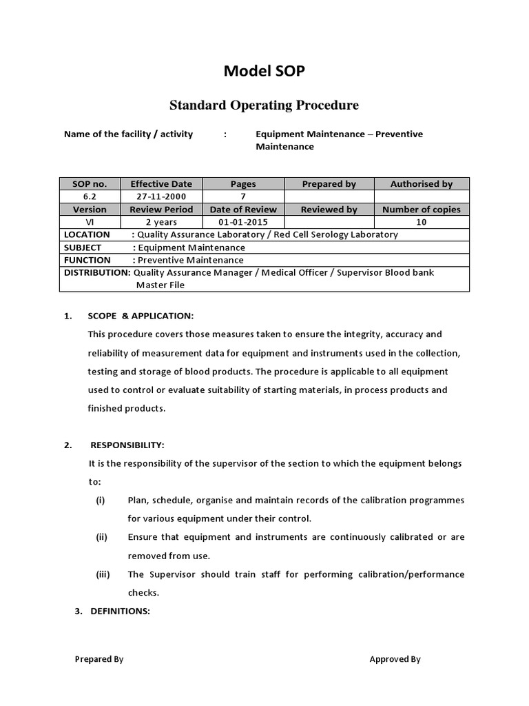 Preventive Maintenance SOP for Lab Equipment | PDF | Calibration ...