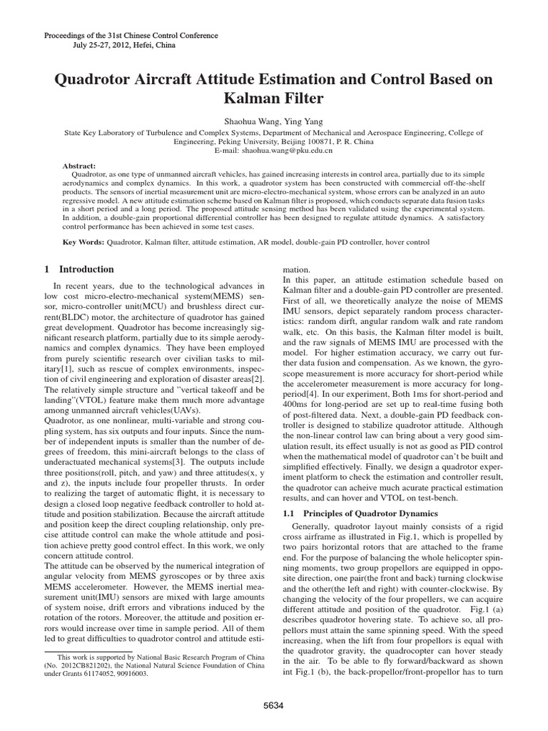 Quadrotor Aircraft Attitude Estimation And Control Based On Kalman Filter Pdf Attitude