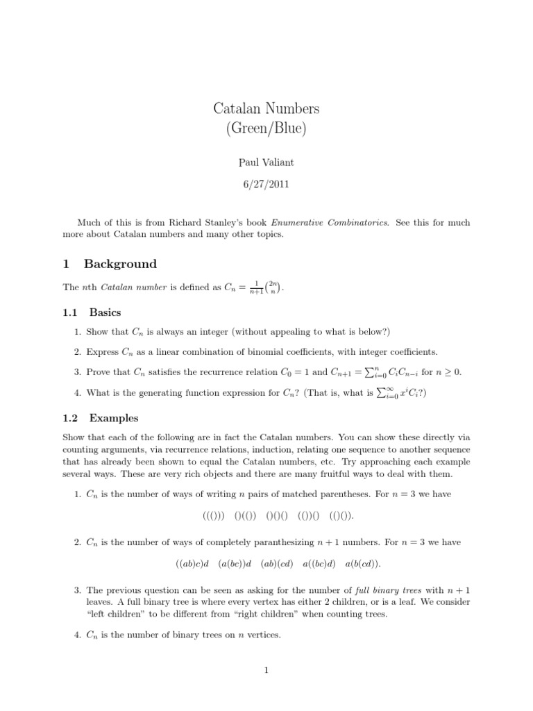 Catalan Numbers - Paul Valiant - MOP (Green-Blue) 2011 | PDF | Vertex ...