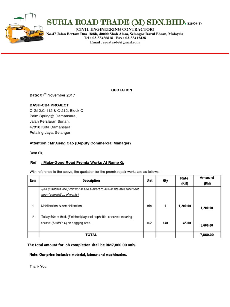 Quotation for Road Premix Repair Works | PDF