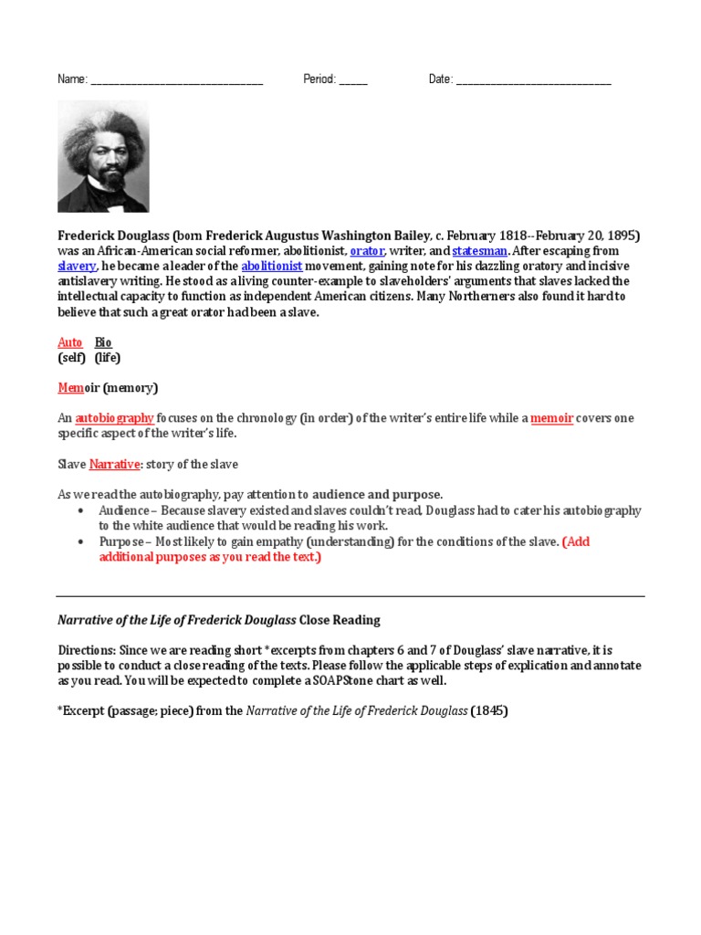 Frederick Douglass Pre-Reading | PDF