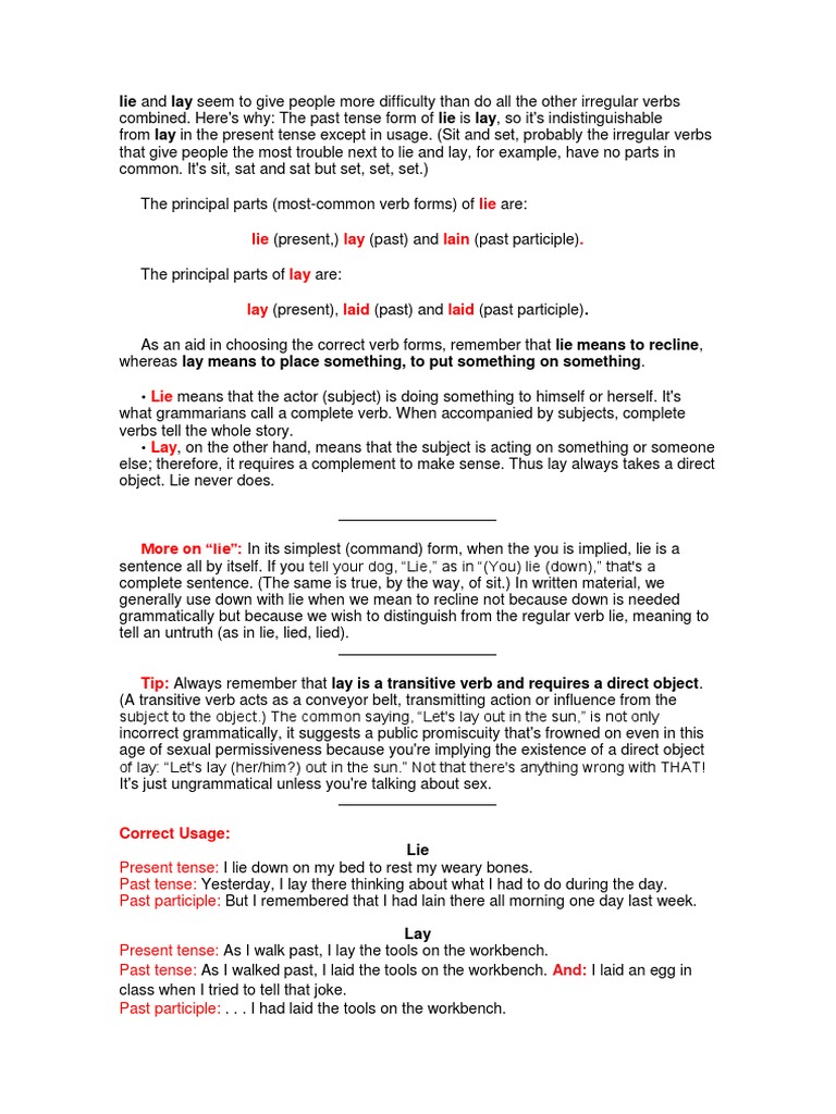 Lie & Lay | PDF | Verb | Grammatical Tense