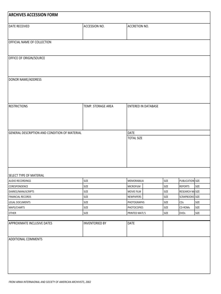 Archives Accession Form | PDF