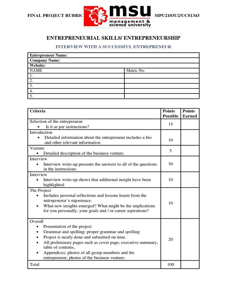 Entrepreneurship Project Evaluation Rubric | PDF | Business | Finance ...