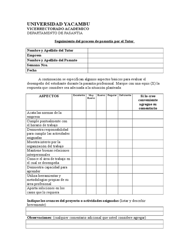 Formato Evaluacion Seguimiento Semanal Por El Tutor | PDF