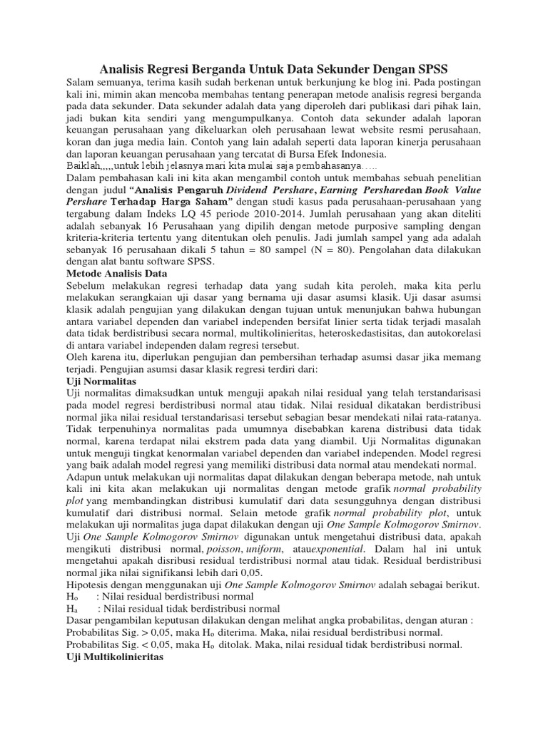Analisis Regresi Berganda Untuk Data Sekunder Dengan SPSS | PDF