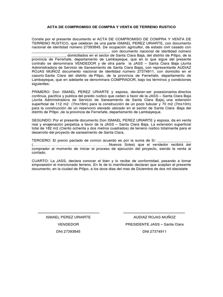Acta de Compromiso de Compra y Venta de Terreno Rustico