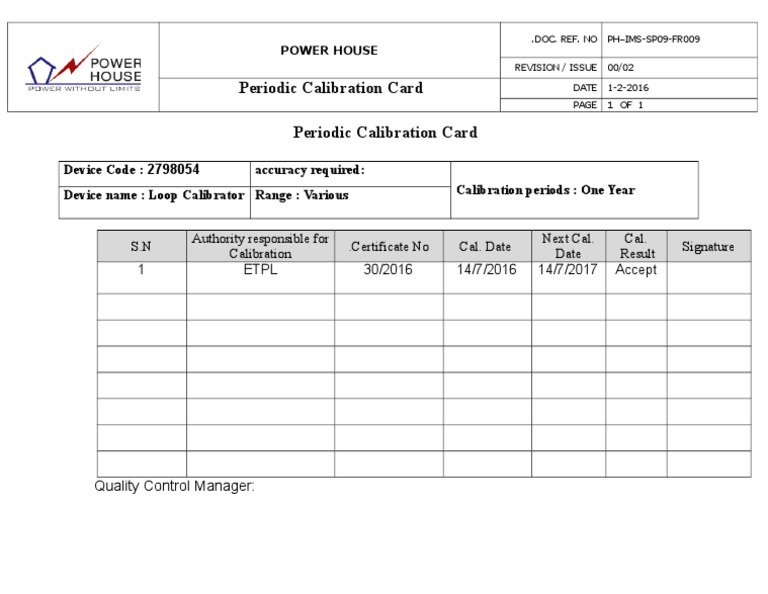 Periodic Calibration Card Periodic Calibration Card | PDF