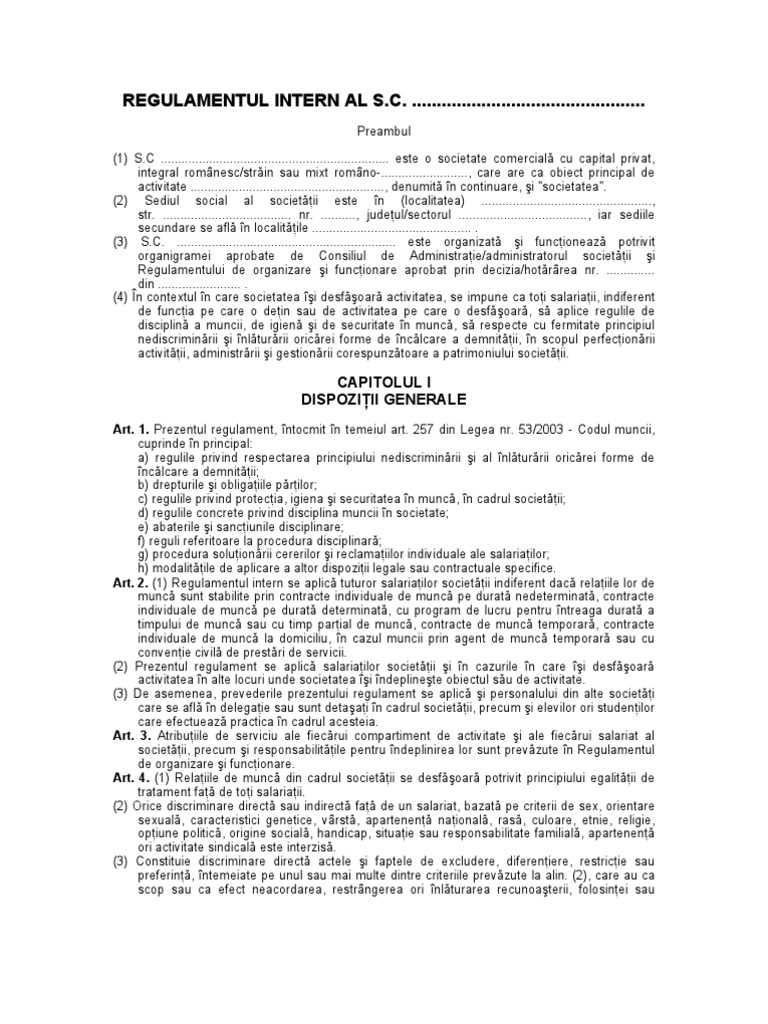 Regulament Intern - Model (S) | PDF