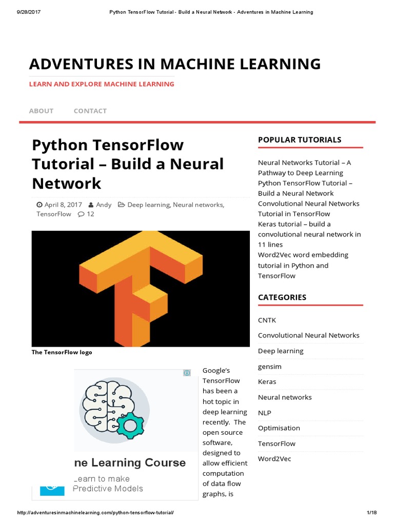 Python Tensorflow Tutorial Build A Neural Network Adventures In Machine Learning Pdf