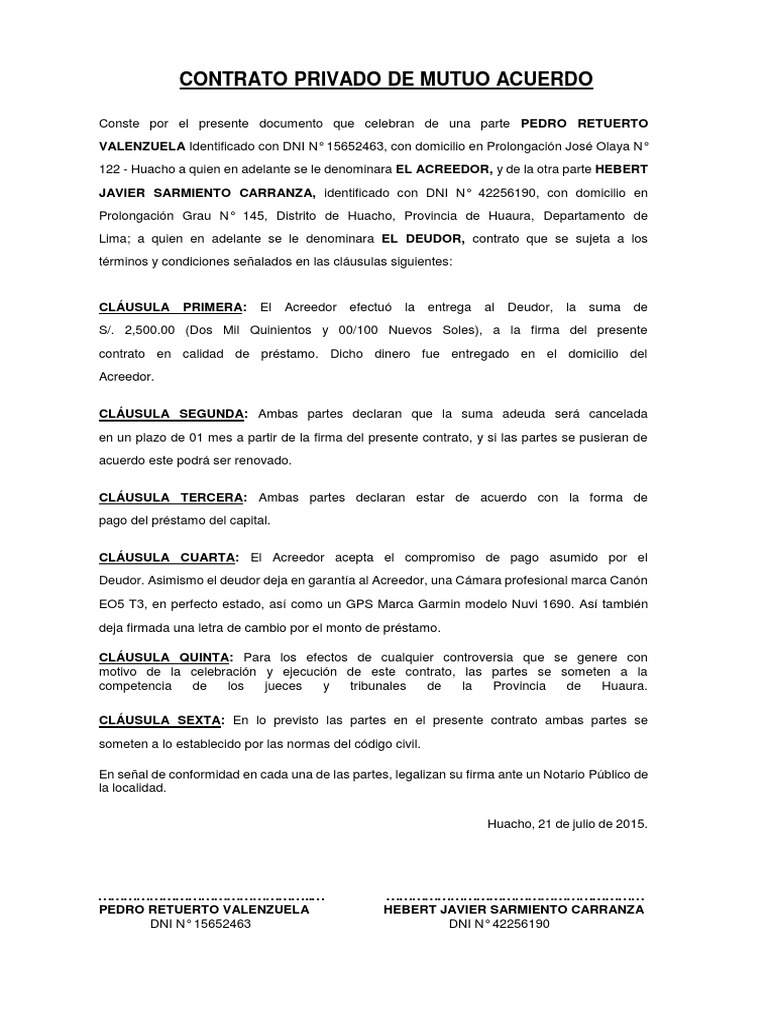 Contrato Privado de Mutuo Acuerdo Sr. Pedro Retuerto