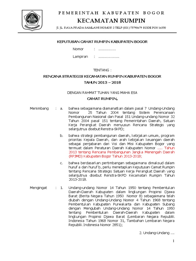 Renstra Kecamatan Rumpin, Kabupaten Bogor | PDF