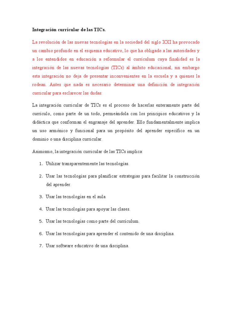 Integración Curricular De Las Tics Pdf Plan De Estudios