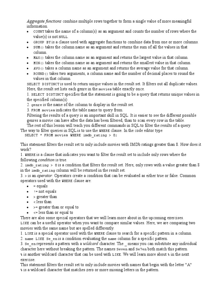 Aggregate Functions Combine Multiple Rows Together To Form A Single Value of More Meaningful ...