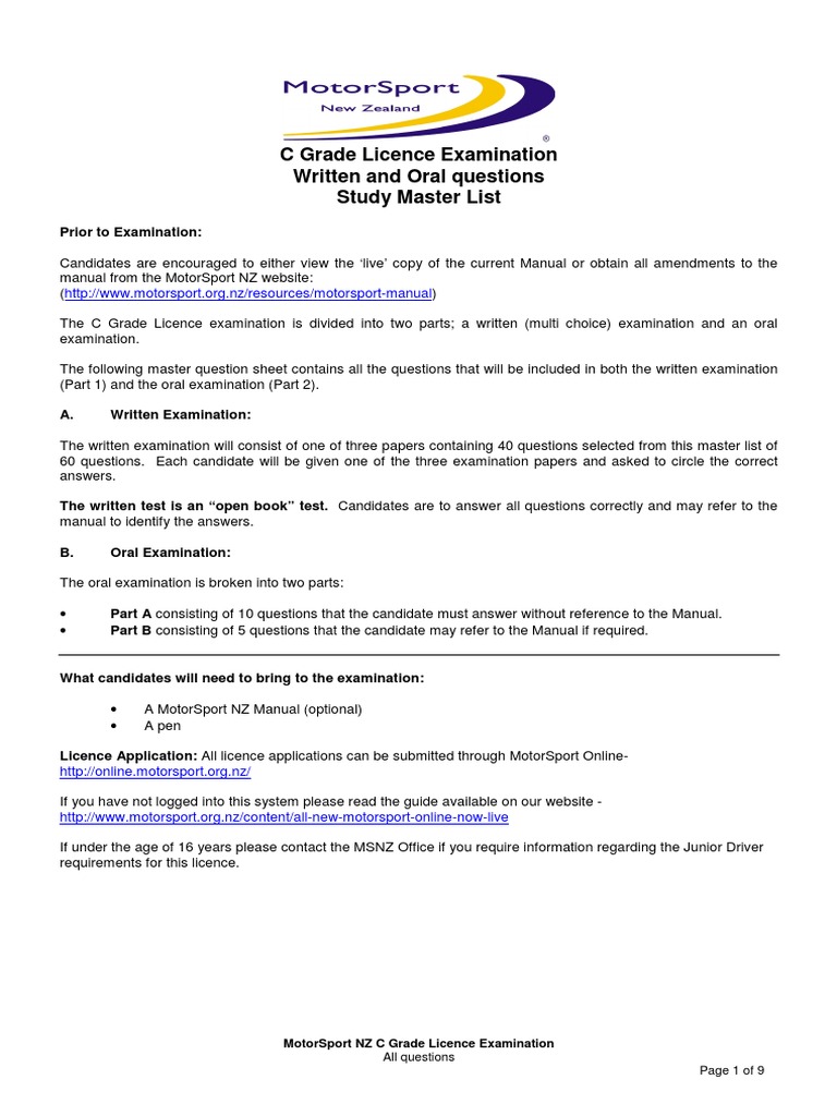 C Grade Licence Examination | PDF | World Auto Racing Series | Test ...