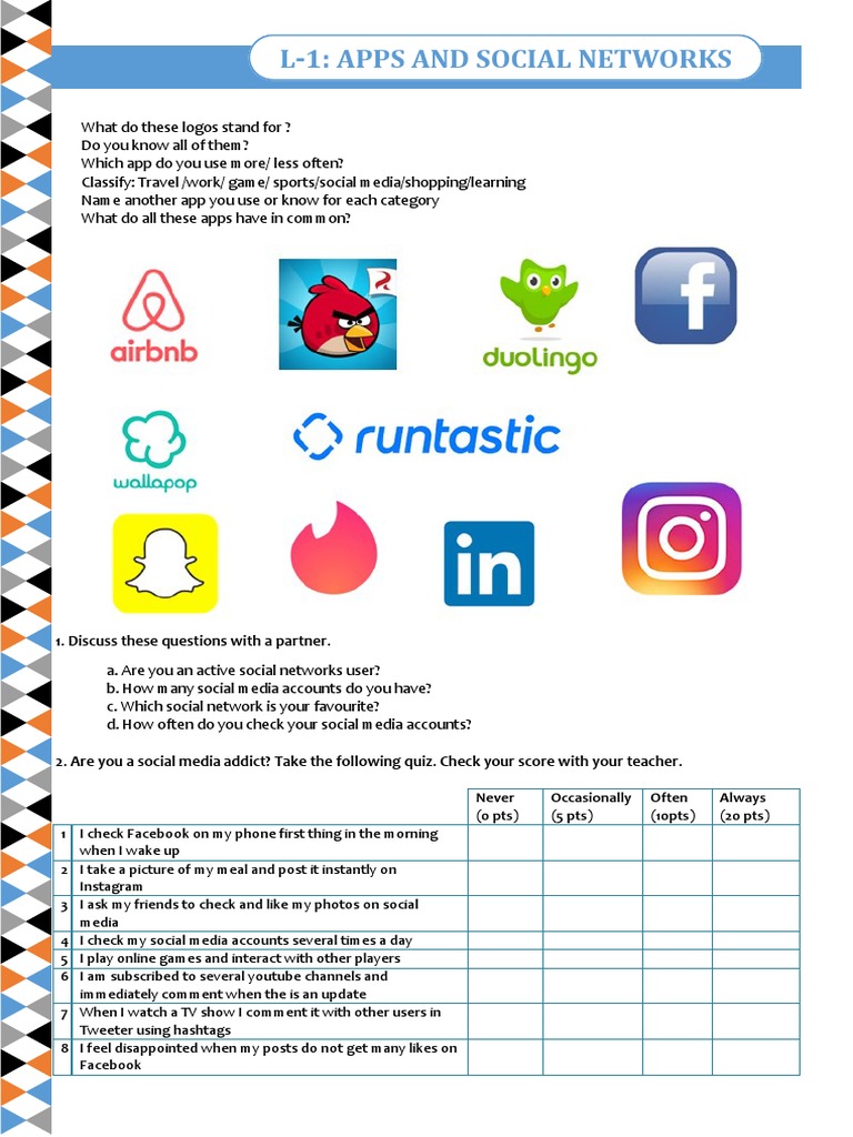 l1 - Worksheet Apps and Social Media | PDF | Social Media | Popular ...