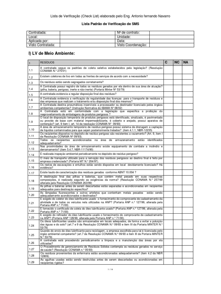 Check List para verificação quinzenal dos riscos em obras