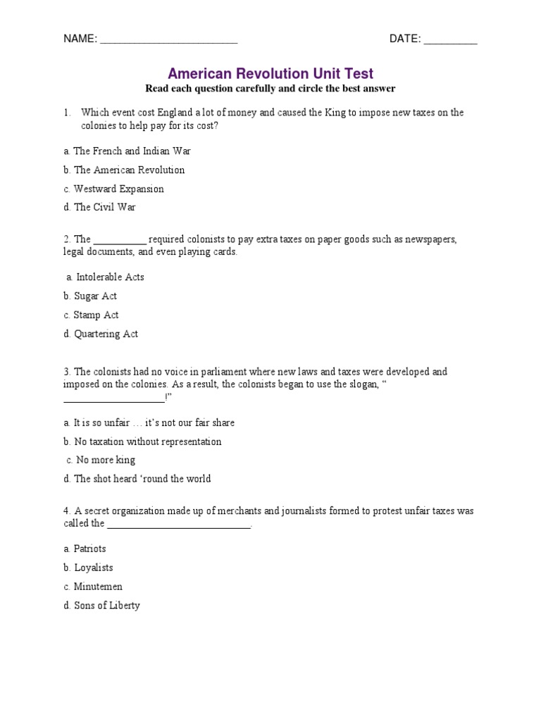 Unit Test American Revolution Word | PDF | Politics | Travel