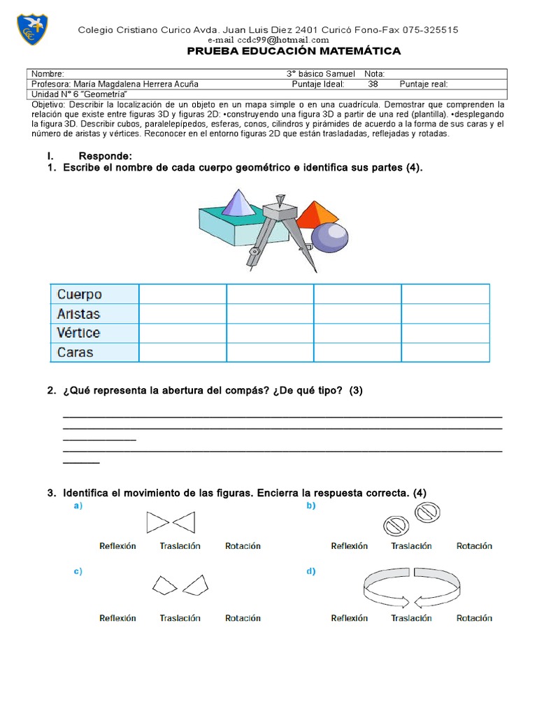 Prueba Geometría 3° Básico Curicó | PDF | Geometría | Espacio