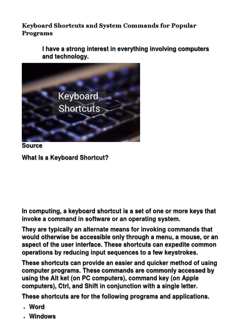 Keyboard Shortcuts and System Commands For Popular Programs | PDF ...