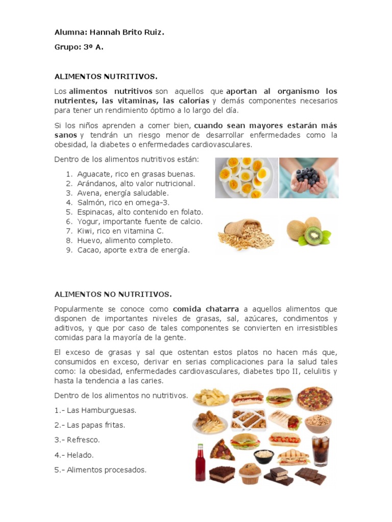 Alimentos Nutritivos y No Nutritivos | PDF | Comida chatarra | Alimentos