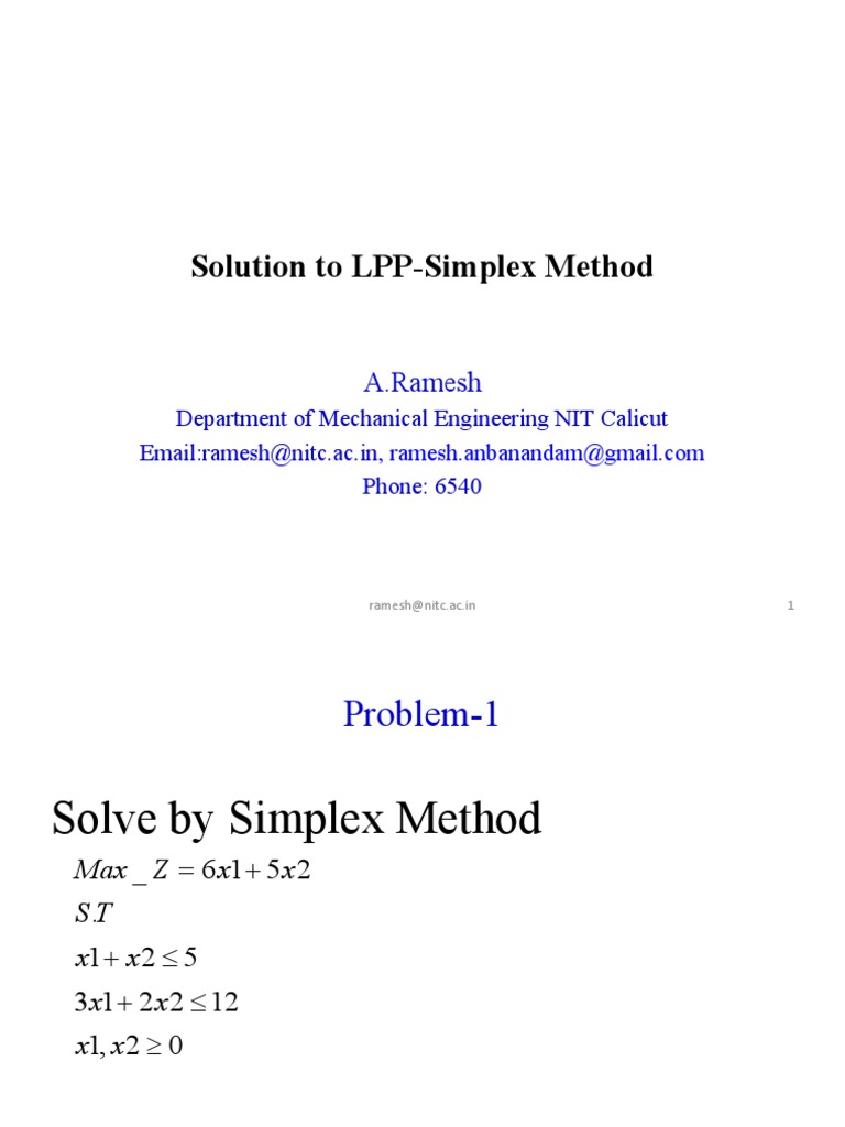 Solution To LPP-Simplex Method: A.Ramesh | PDF | Mathematical Optimization | Linear Programming