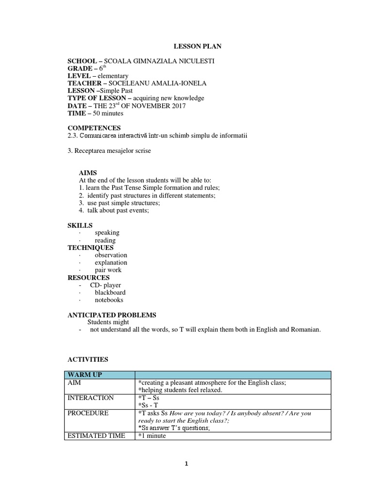 Past Simple | PDF | Lesson Plan | Language Mechanics