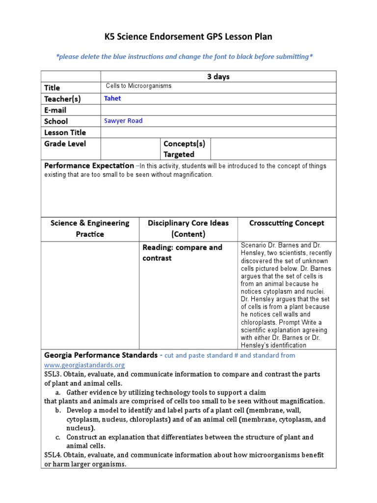 Lesson Plan Cells-1 | PDF | Cell (Biology) | Microorganism