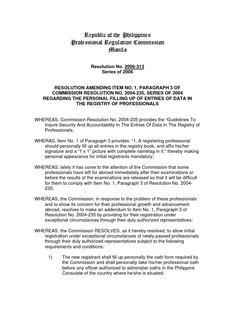 PRC Resolution No. 2006-313 Series of 2006 | PDF | Official Documents | Constitutional Law