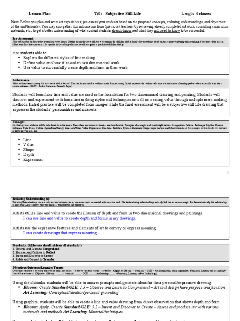 Subjective Still Life Lesson Plan | PDF | Drawing | Epistemology