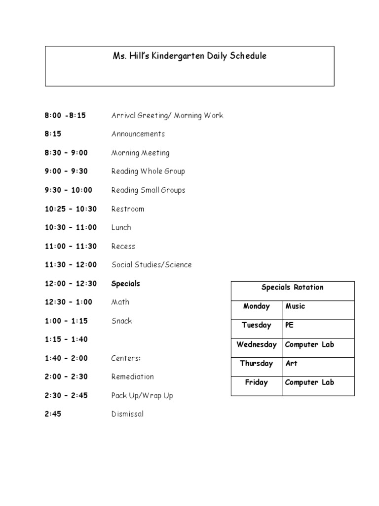 Ms. Hill's Kindergarten Daily Schedule | PDF | Bullying | Classroom