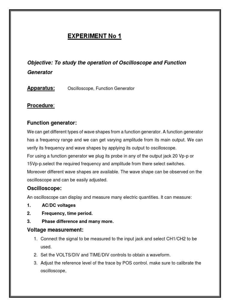 Experiment No 1: Objective: To Study The Operation of Oscilloscope and Function Generator | PDF ...