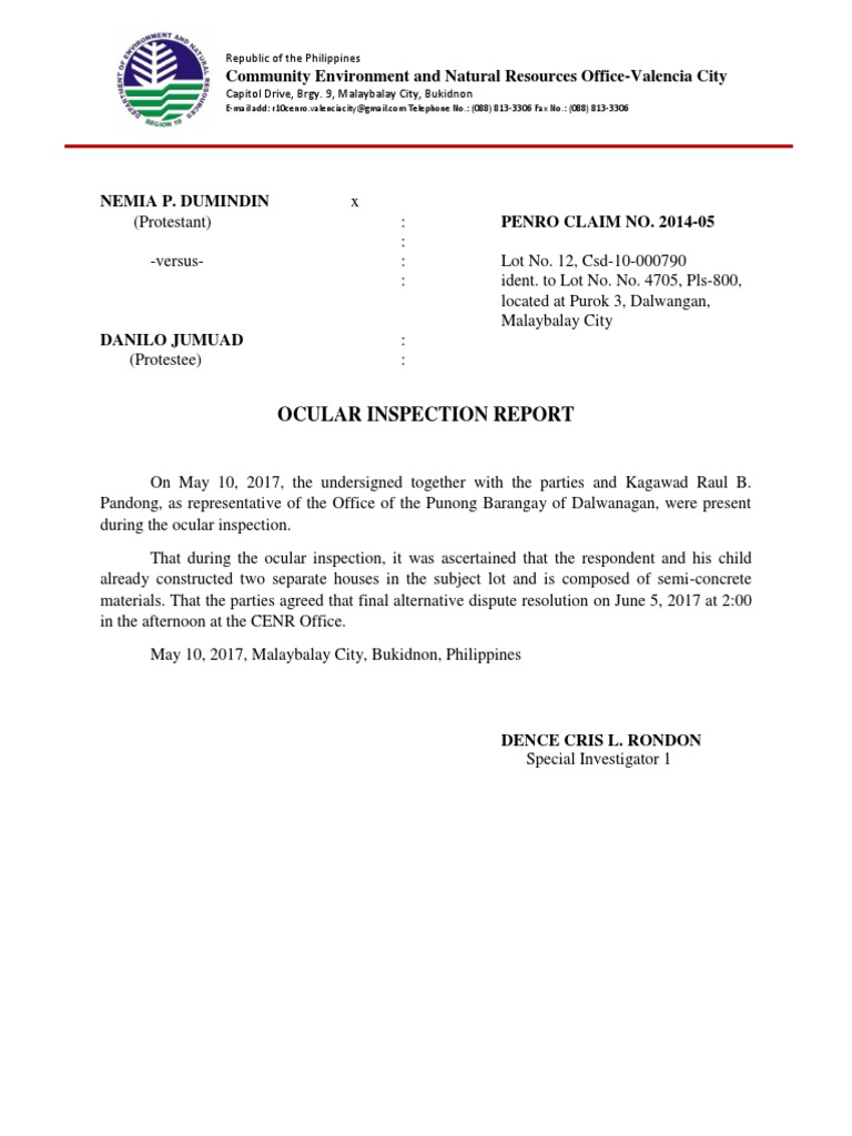 Ocular Inspection Report Nemia Dumindin | PDF