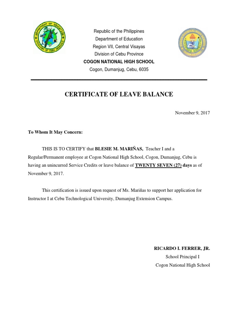 Cert - of Leave Balance | PDF