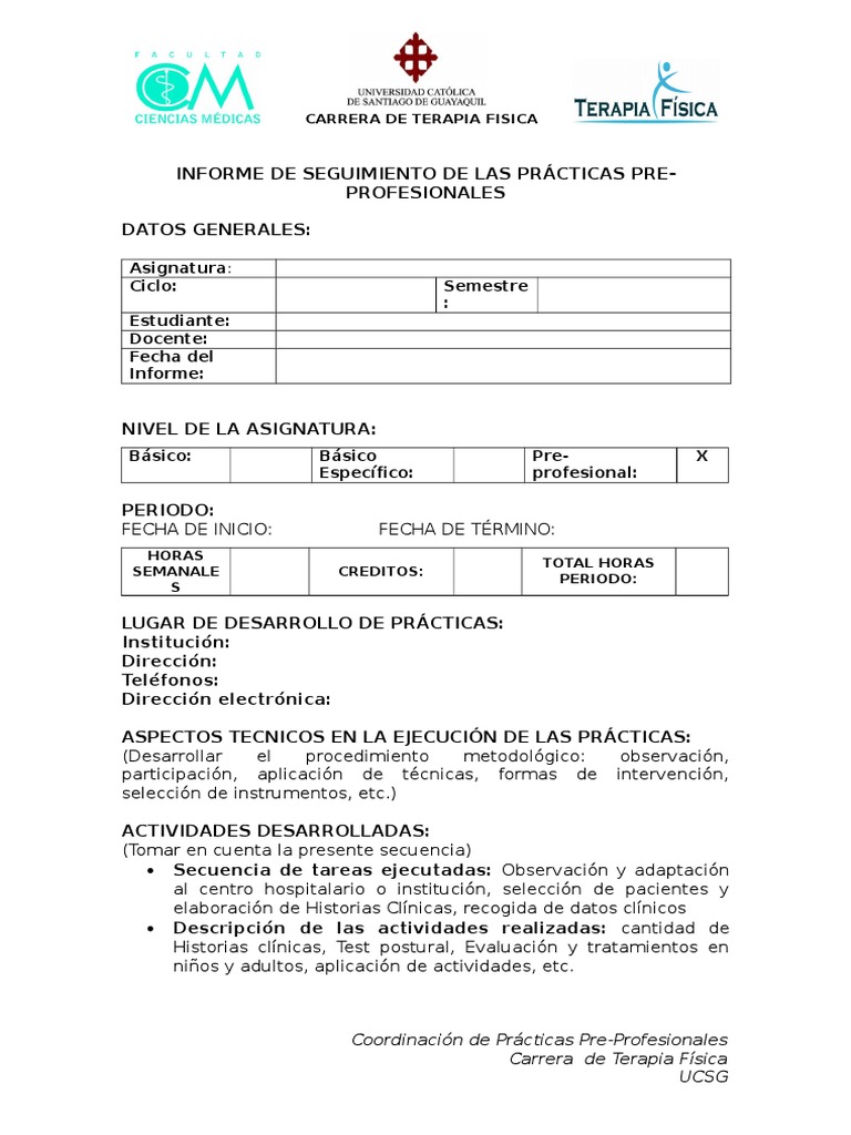 Modelo Informe Seguimiento de Practicas Pre-Profesionales 1 | PDF | Historial médico | Aprendizaje