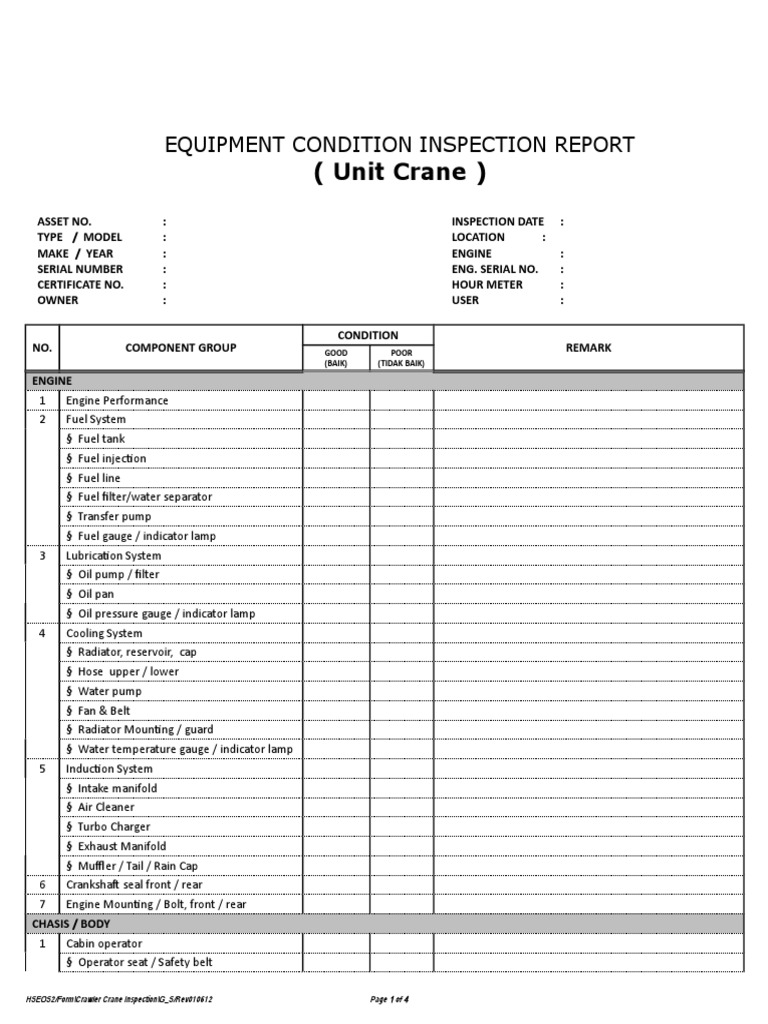 Inspection Report Equipment Crawler Crane | PDF | Vehicles ...