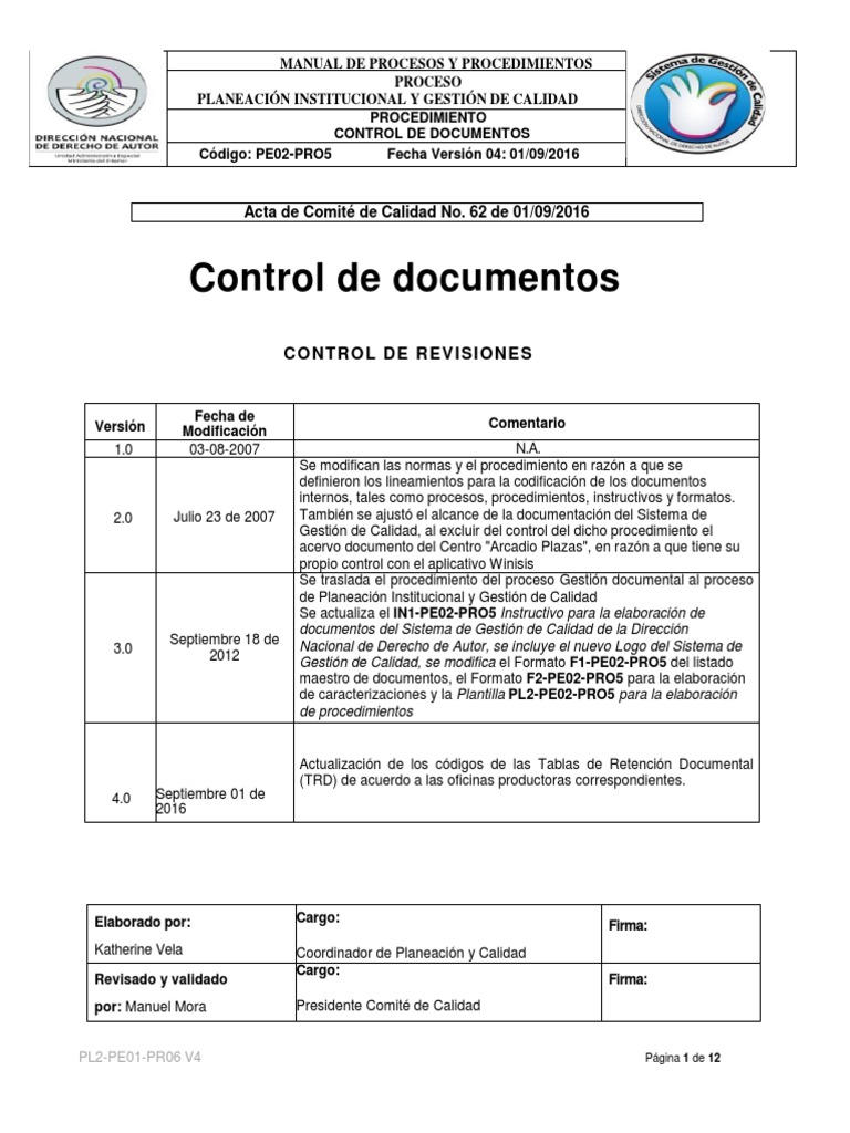 PE02-PR05 Control de Documentos | PDF | Calidad (comercial) | Planificación