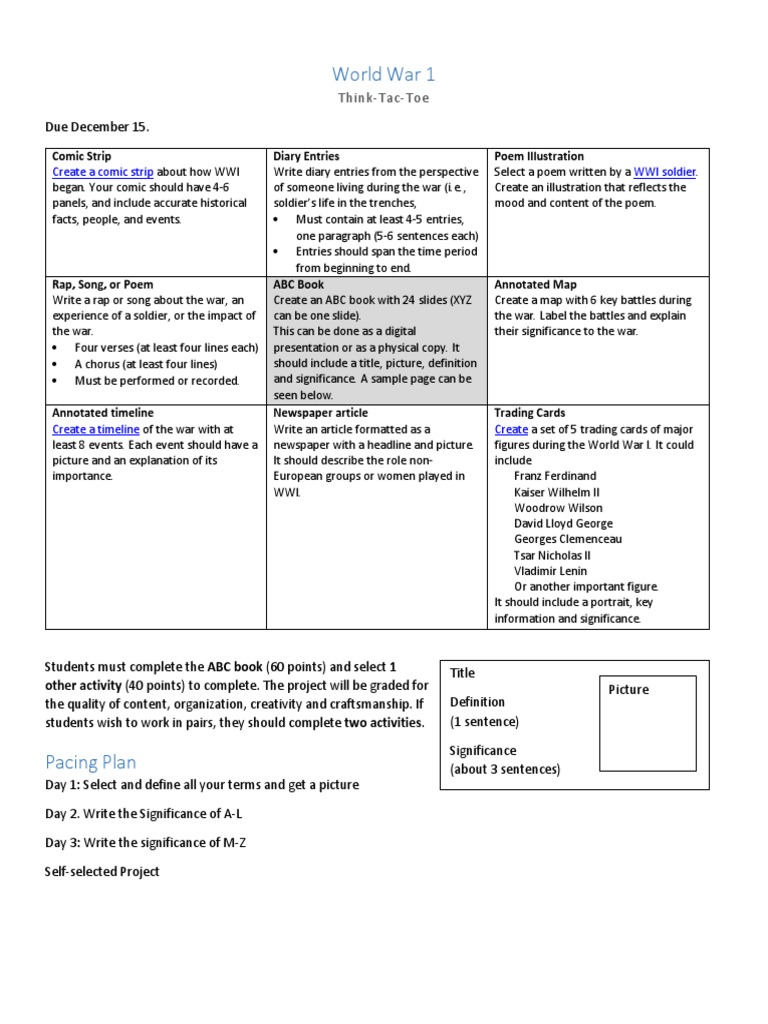 World War 1 - Think Tac Toe Prip | PDF | Western Front (World War I ...