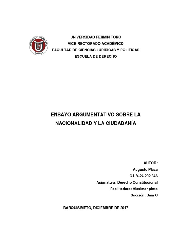 Ensayo Sobre La Nacionalidad y La Ciudadania - Augusto Plaza | PDF ...