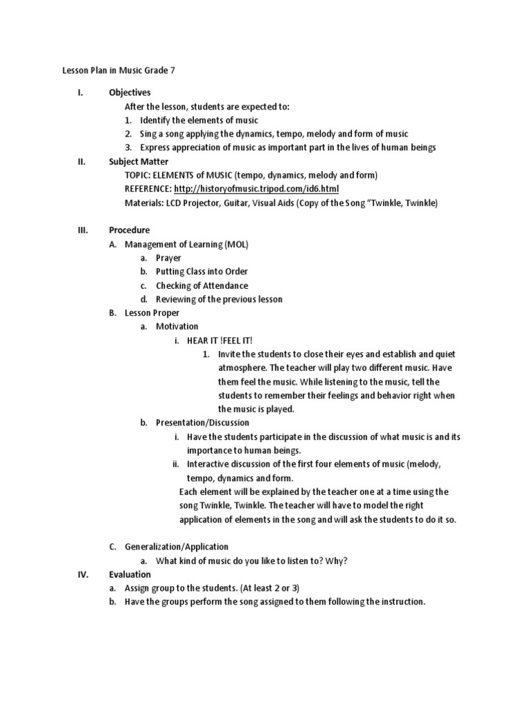 Lesson Plan in Music Grade 7 | PDF | Lesson Plan | Communication