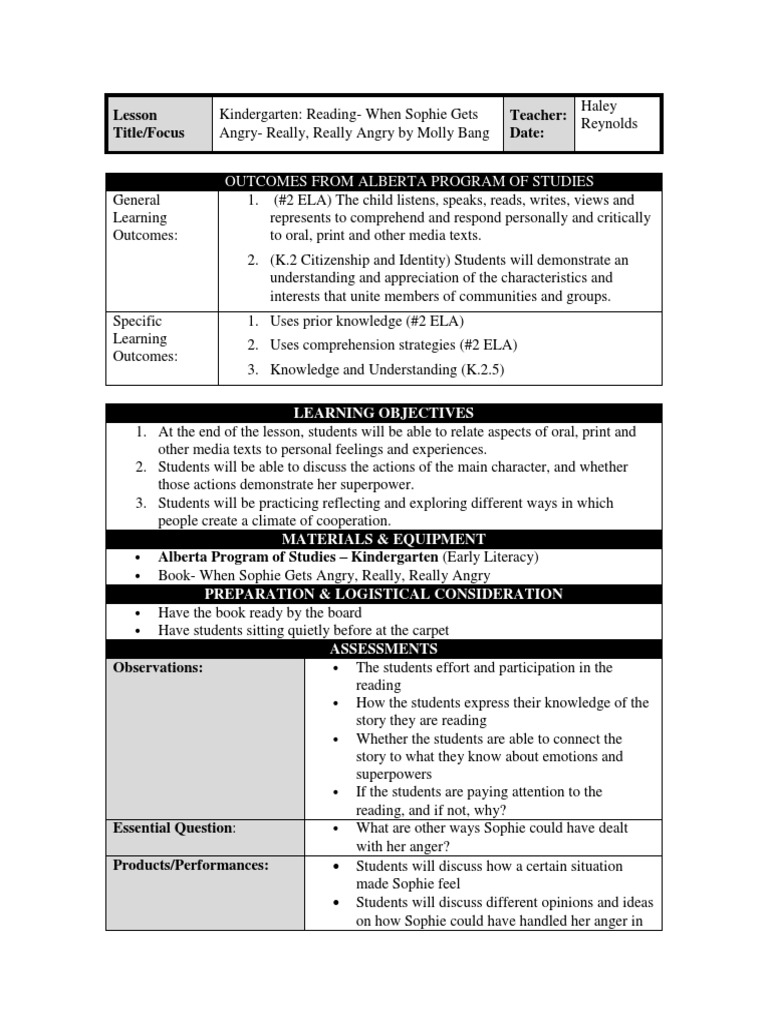 When Sophie Gets Really Angry Lesson | PDF | Reading (Process) | Teaching