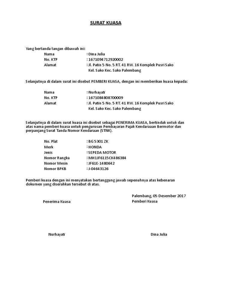 Surat Kuasa Pengurusan Pajak Bermotor | PDF