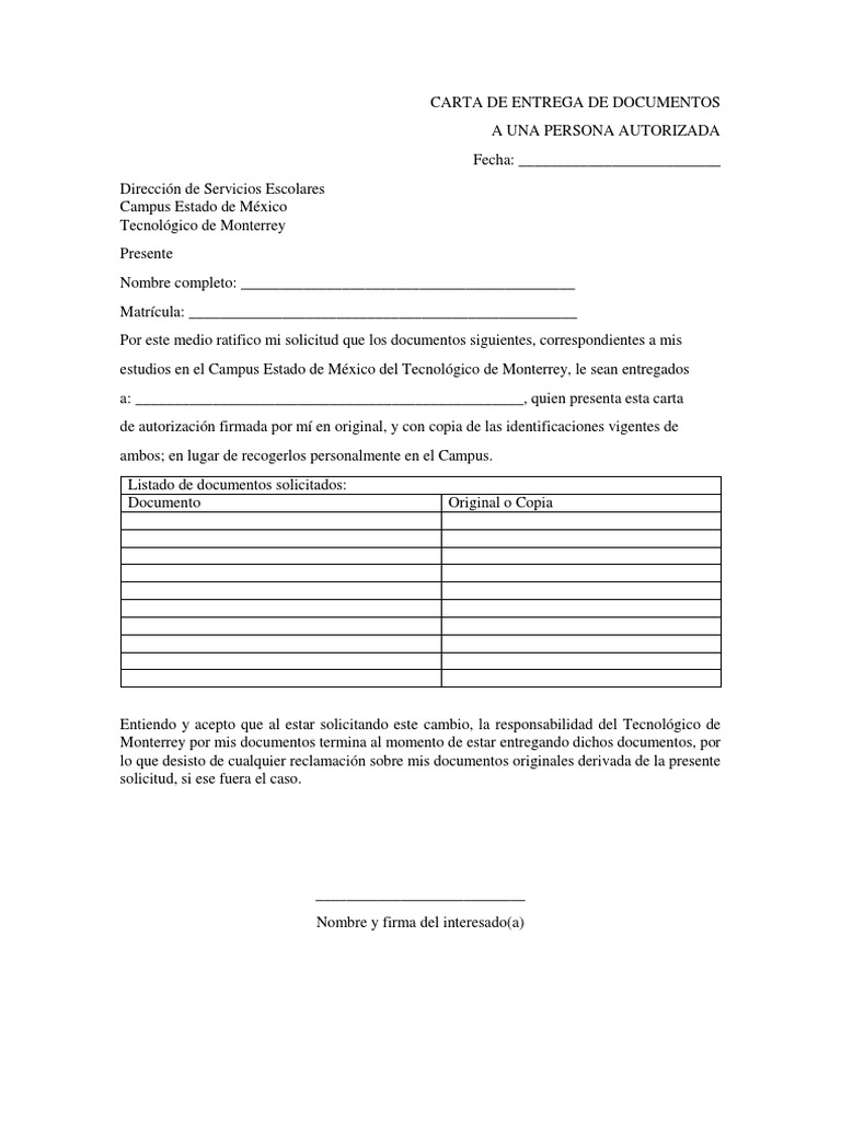 Carta Entrega Documentos | PDF