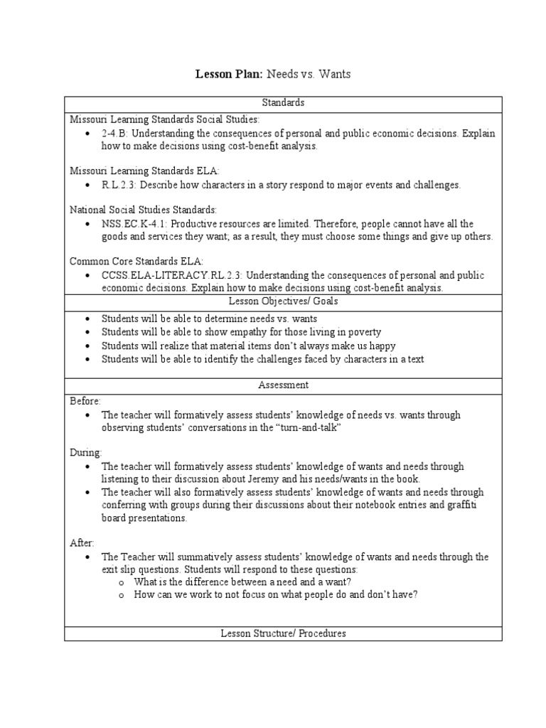 Jozwiakowski Needs Vs Wants | PDF | Lesson Plan | Teaching